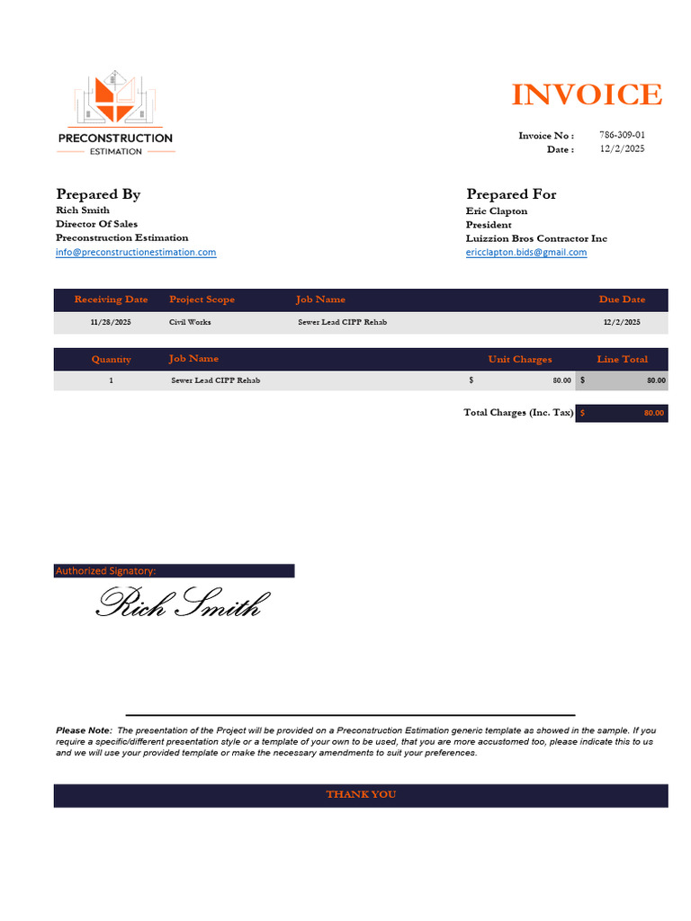 Invoice for Sewer Lead CIPP Rehab | PDF