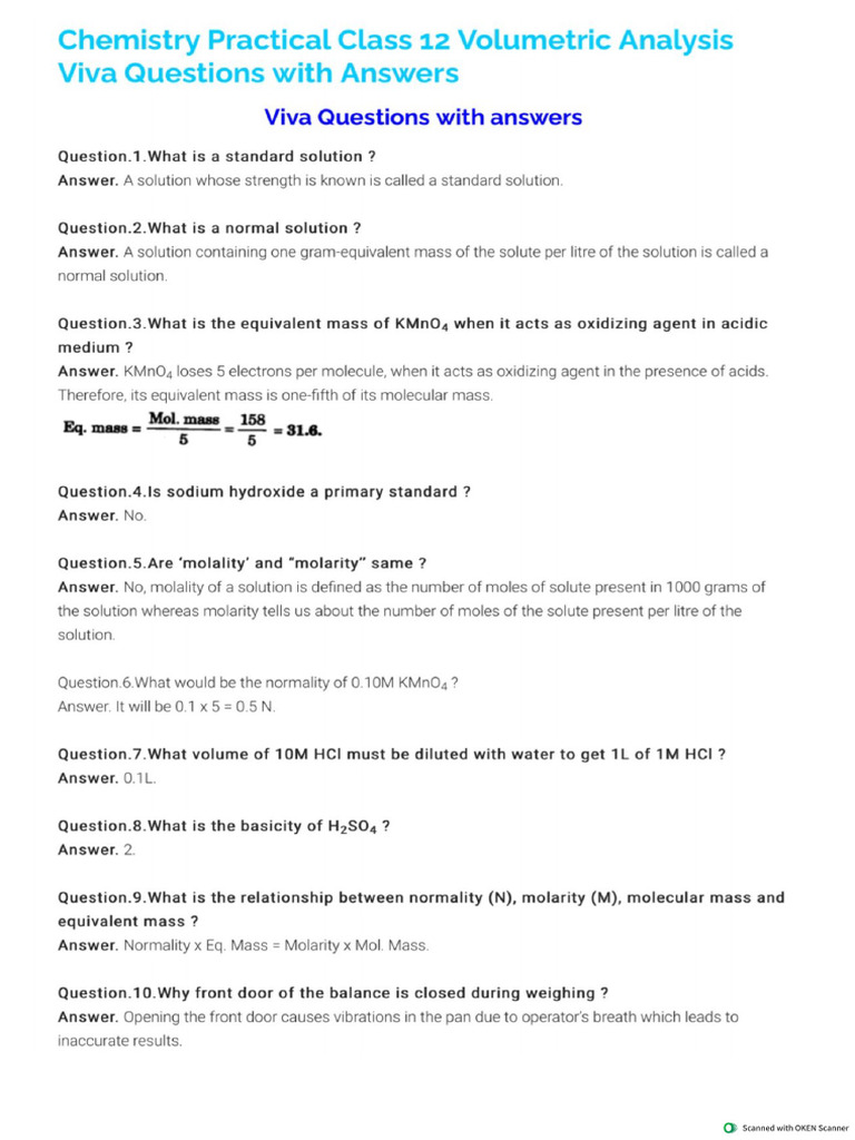 Viva Questions of Chemistry | PDF