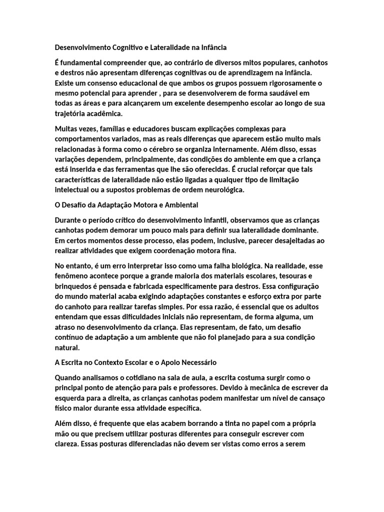 Lateralidade e Desenvolvimento Infantil | PDF | Aprendizado | Conceitos ...