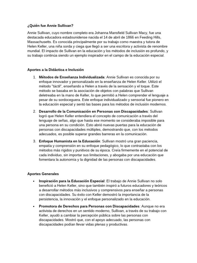 Quién Fue Annie Sullivan | PDF | Helen Keller | Inclusión (Educación)