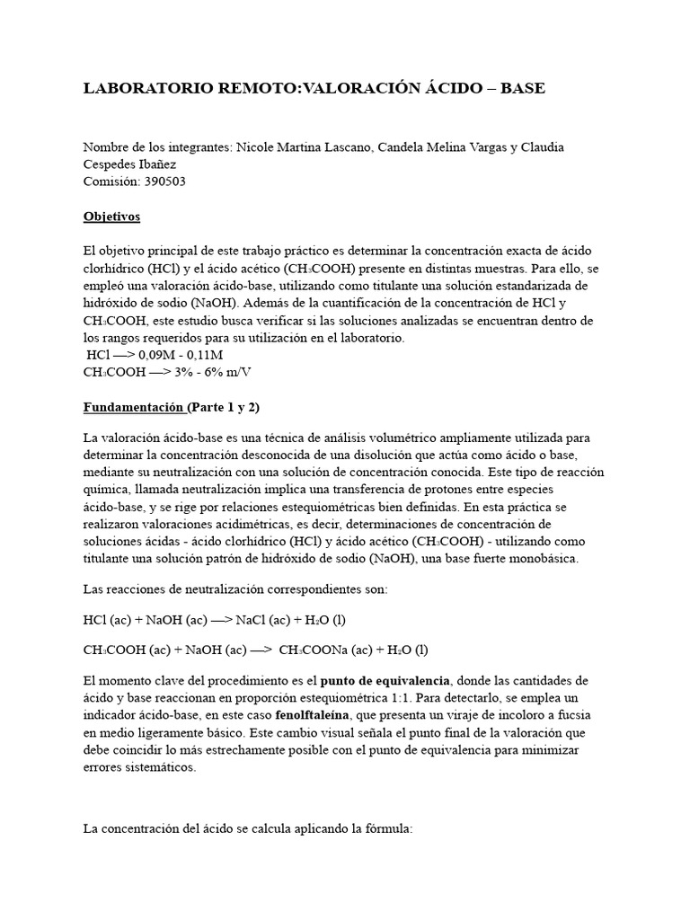 INFORME N°2 Claudia cespedes 390503 | PDF | Valoración | Química