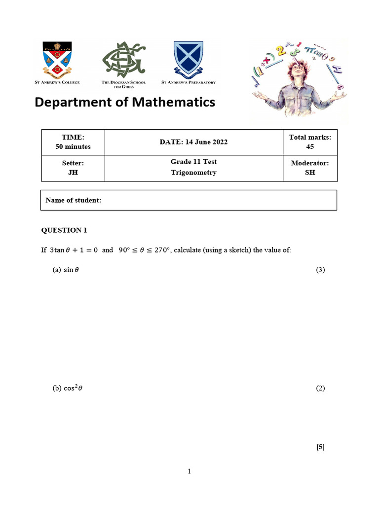 Grade 11 Trigonometry Test Questions | PDF | Trigonometry | Elementary ...
