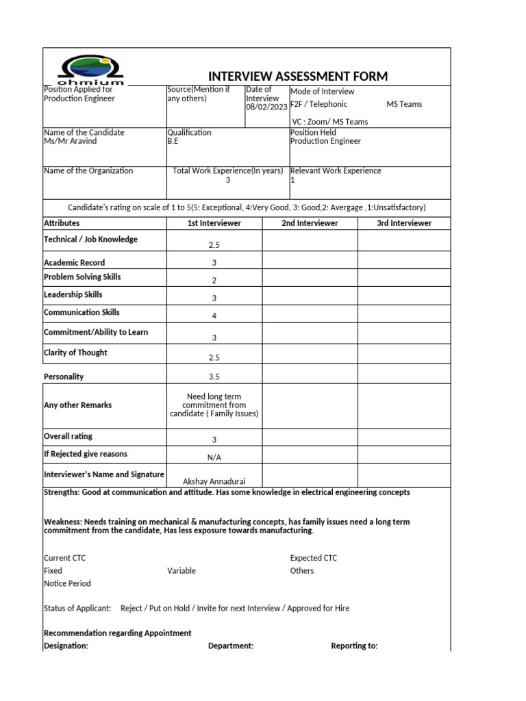 Copy of Interview Assesment Form | PDF | Psychological Concepts ...
