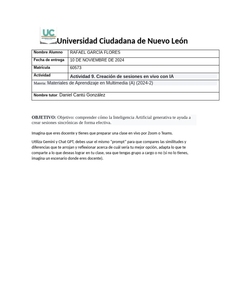ACT 9 CREACION DE SESIONES EN VIVO CON IA RGF 60573 | PDF | Evaluación ...