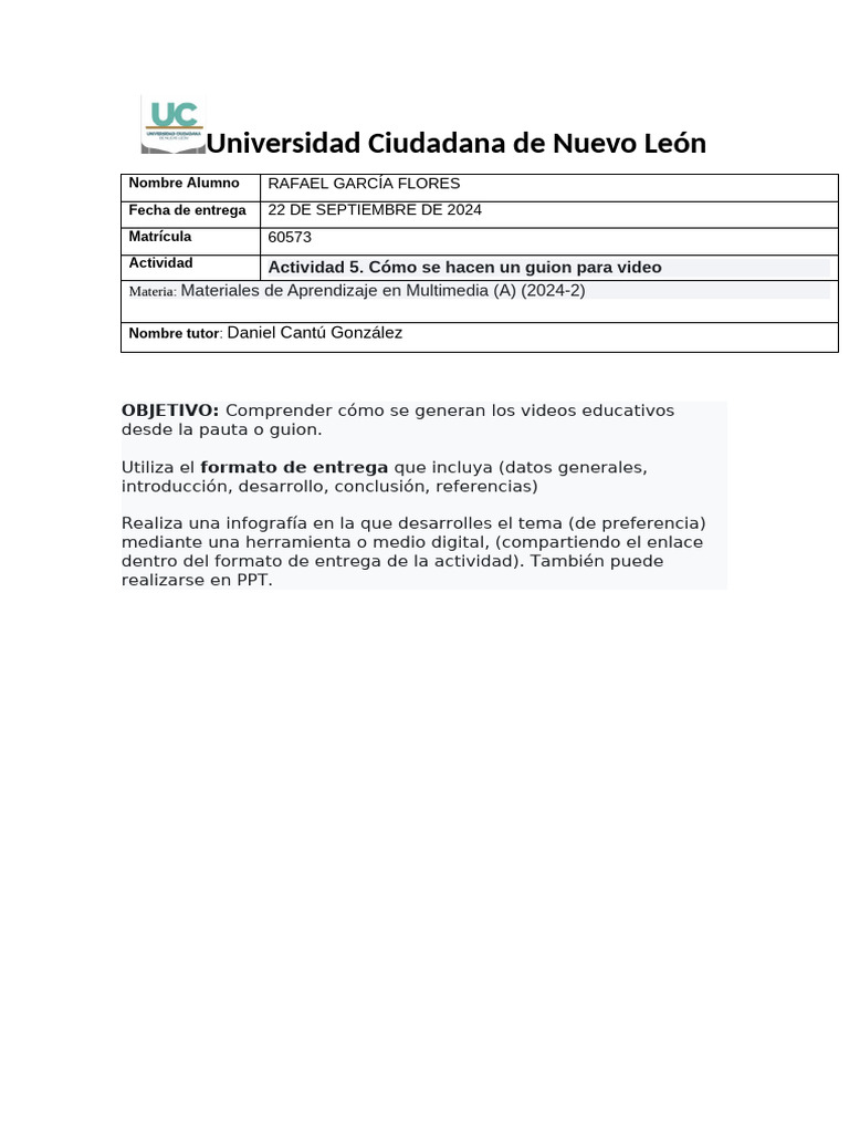 ACT 5 CONST DE GUIONES P VIDEOS ED RGF 60573 | PDF | Aprendizaje ...