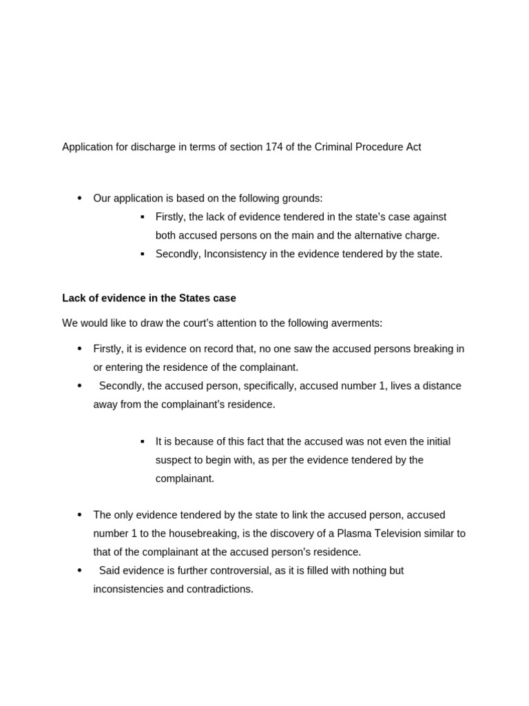 Application for Discharge in Terms of Section 174 of the Criminal ...