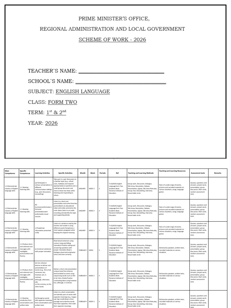 2026 English Language Scheme of Work | PDF | Reading Comprehension ...