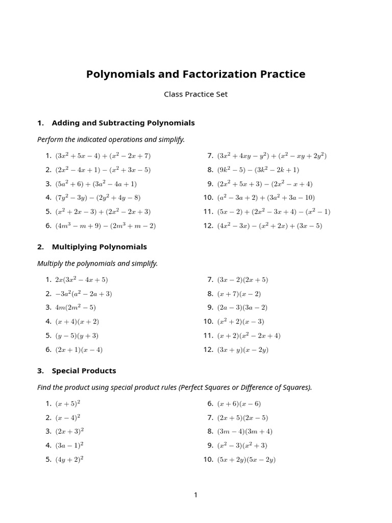 Polynomials and Factorization Practice | PDF