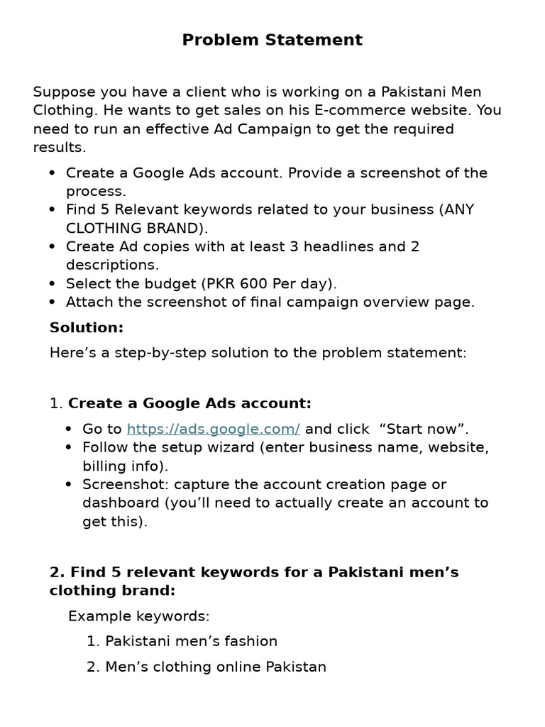 Google Ads Campaign for Pakistani Men's Clothing | PDF