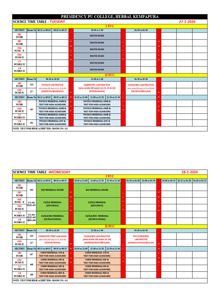 Science Time Table for I & II PUC | PDF | Educational Assessment And ...