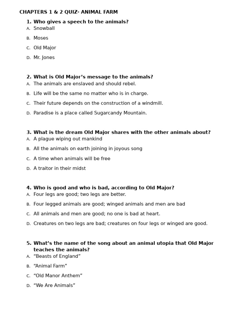 Chapters 1& 2 Animal Farm Quiz | PDF