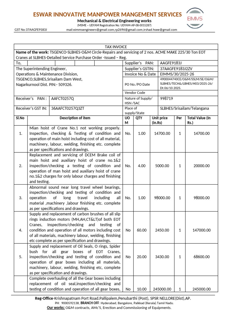 Crane Repair Invoice for TSGENCO | PDF | Crane (Machine) | Manufactured ...