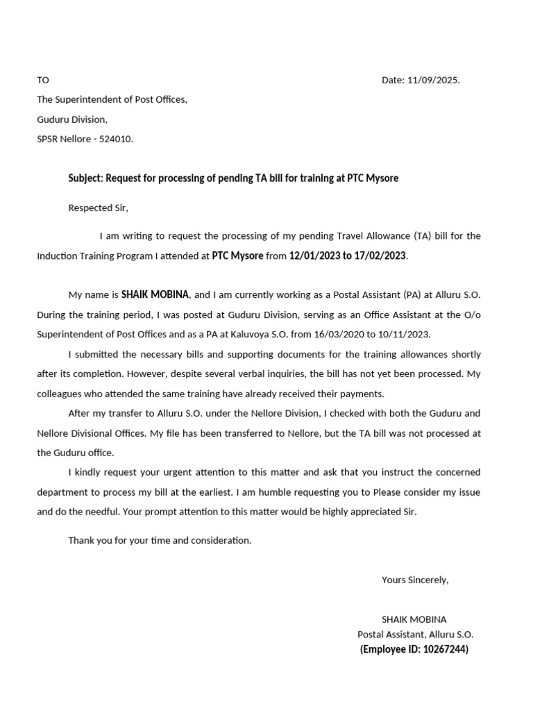 Request for Pending TA Bill Processing | PDF