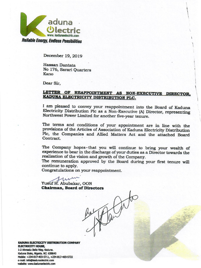 Board Appointment Letter and Contract- Sample | PDF