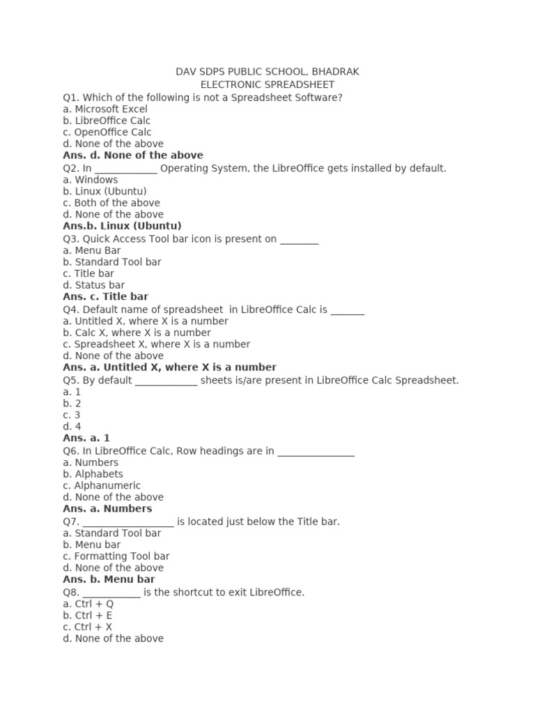 LibreOffice Calc Quiz Questions | PDF | Spreadsheet | Software