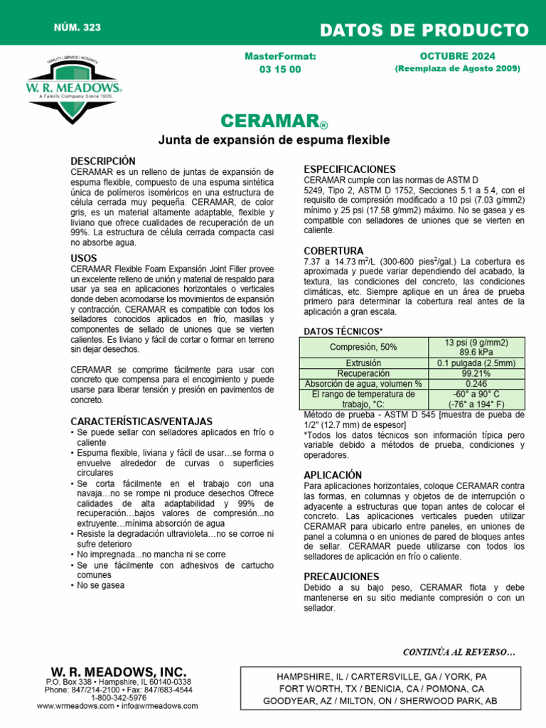 323-esp-junta CERAMAR-Ficha tecnica | PDF | Espuma | Química Física