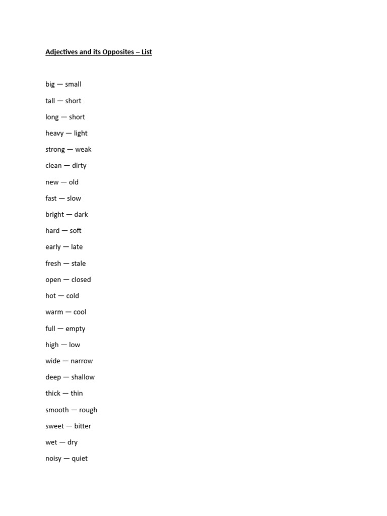 Adjectives and Their Opposites List | PDF