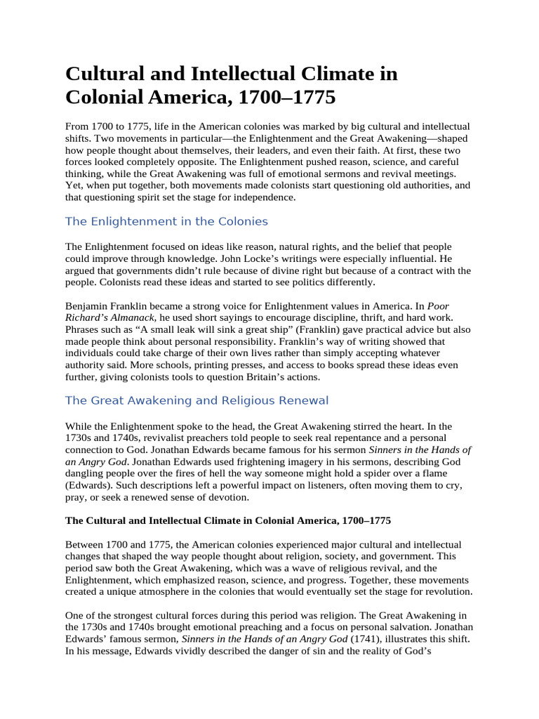 Cultural and Intellectual Climate in Colonial America (1) | PDF | Age ...