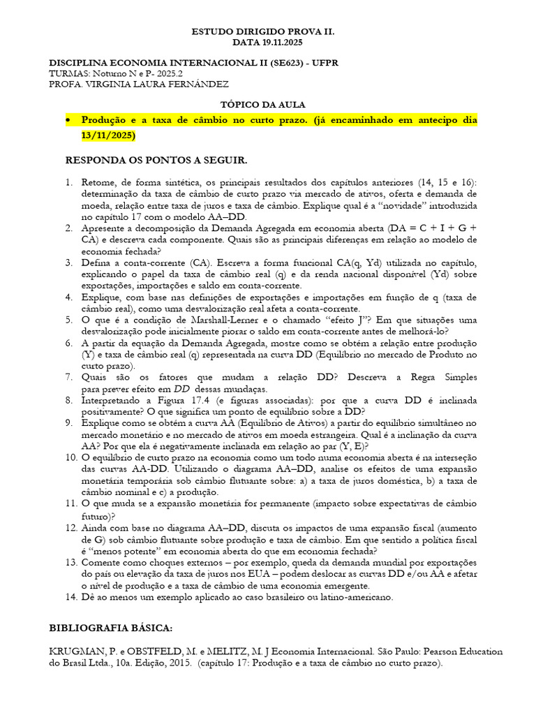 Economia Internacional II. Estudo Dirigido Prova 2. 19.11.2025 (1) | PDF | Taxa de câmbio | Economia