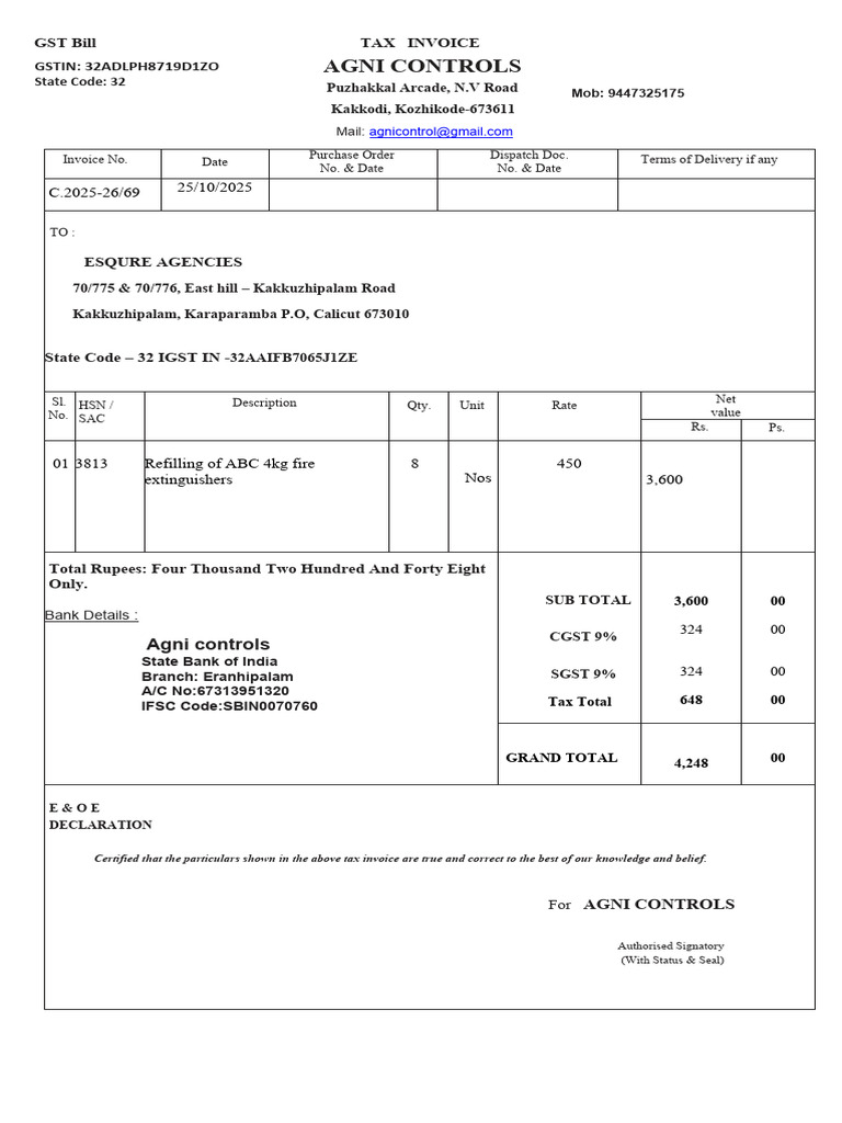 GST Invoice for Fire Extinguishers | PDF | Government Of India | Payments