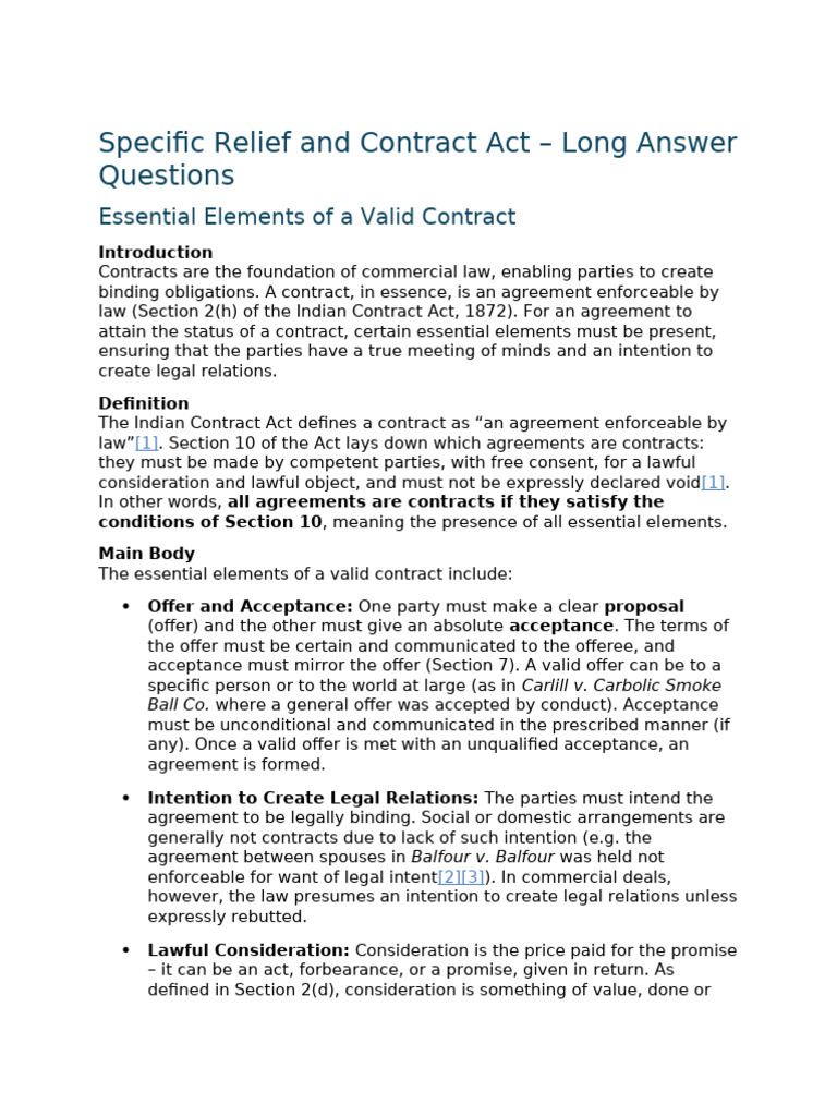 Specific Relief and Contract Act – Long Answer Questions | PDF ...
