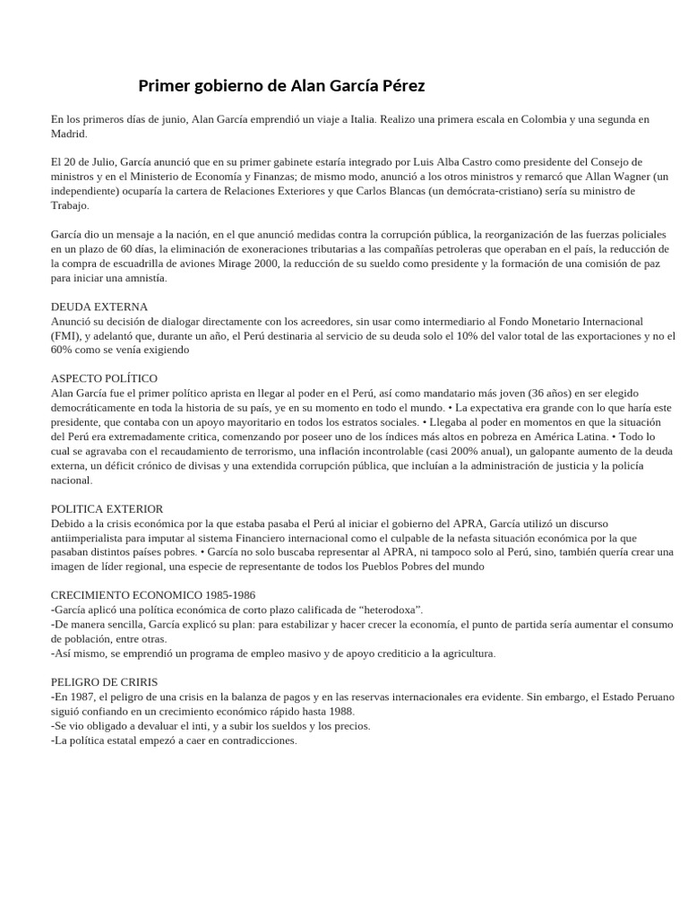Primer Gobierno de Alan García: Retos y Logros | PDF | Economias