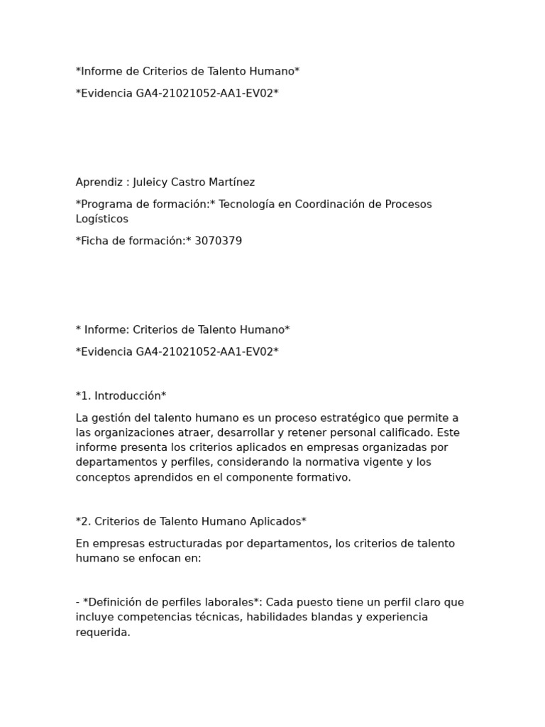 Informe de Talento Humano | PDF | Business