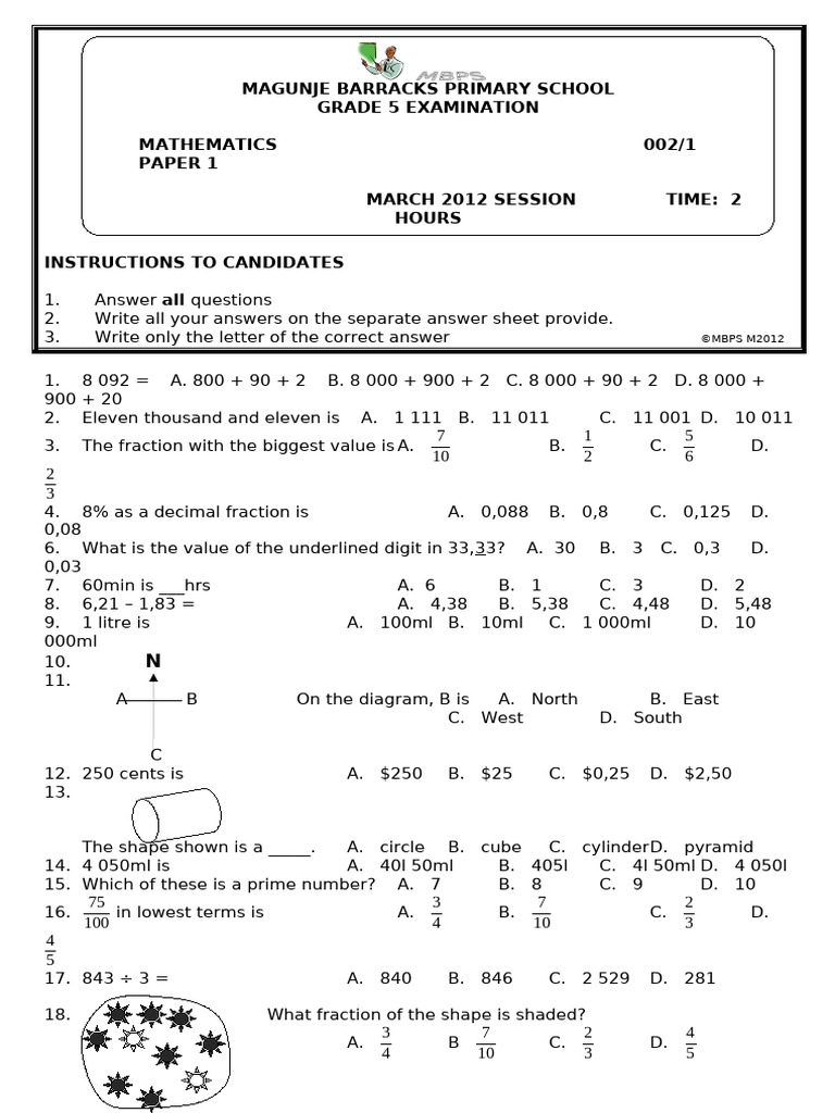 Maths Paper 1 Grade 5 March 2012 (Repaired) (1) | PDF | Euclidean ...