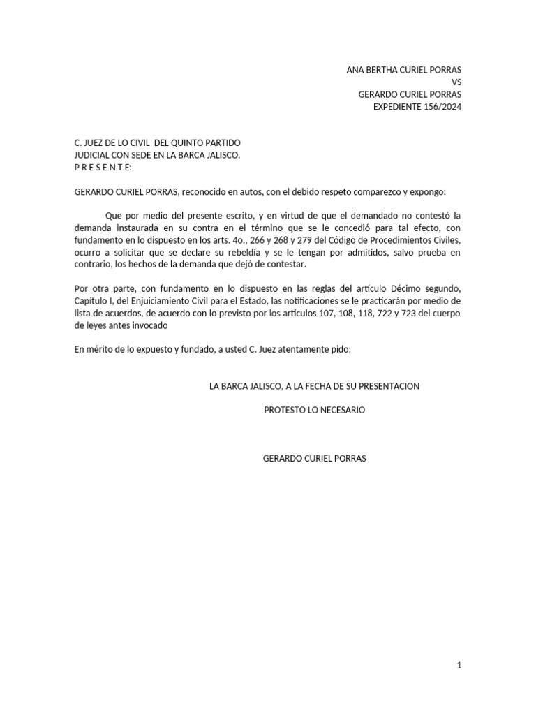 Solicitud de Rebeldía en Juicio Civil | PDF