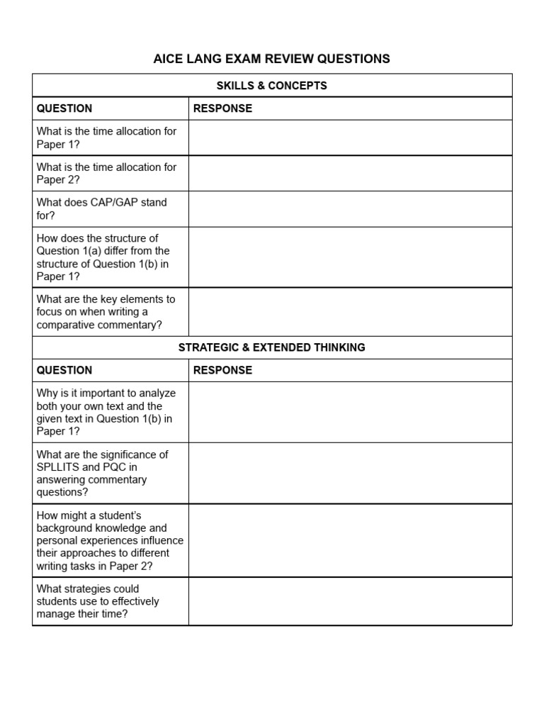 AICE Lang Exam Review Questions | PDF