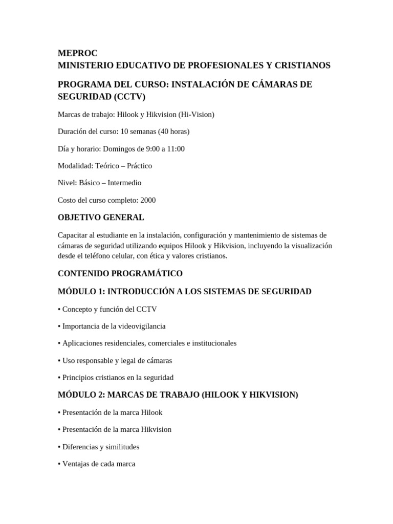 Programa Curso CCTV MEPROC Completo | PDF
