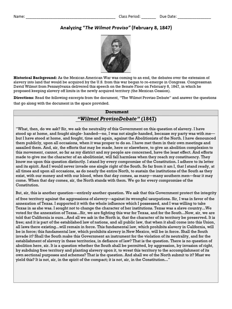Wilmot Proviso Debate Analysis (1847) | PDF | Mexican–American War ...