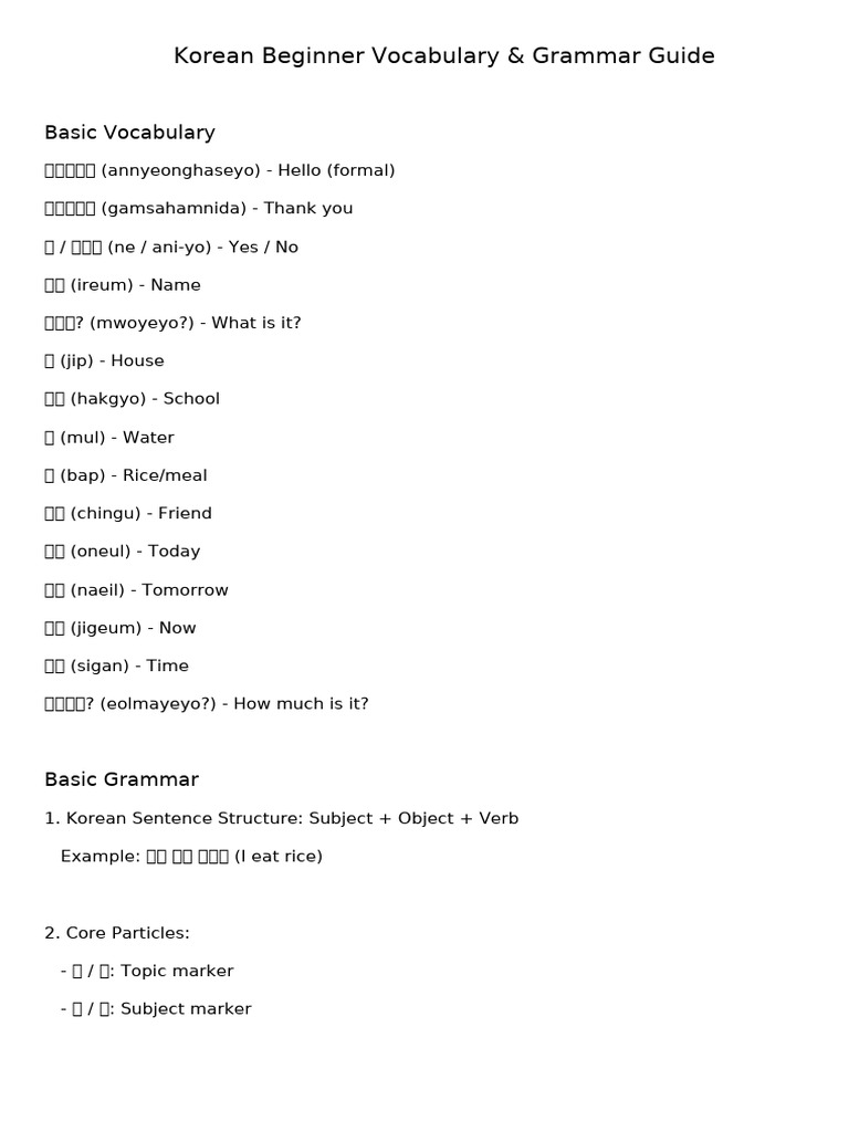 Korean Beginner Vocab Grammar Guide | PDF