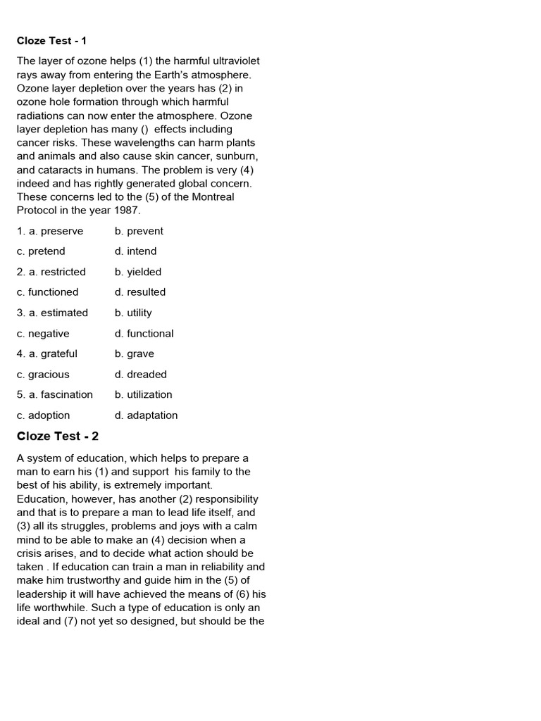 34. Cloze Test | PDF | Ozone Depletion | Ozone