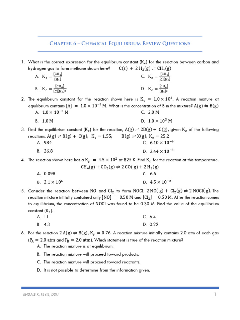 Chemical Equilibrium Review Questions | PDF | Chemical Equilibrium ...