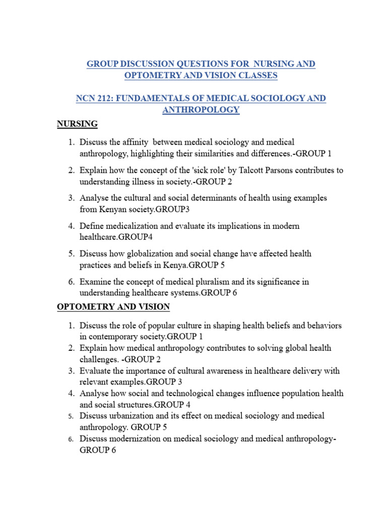 Nursing and Optometry Group Discussion Questions | PDF