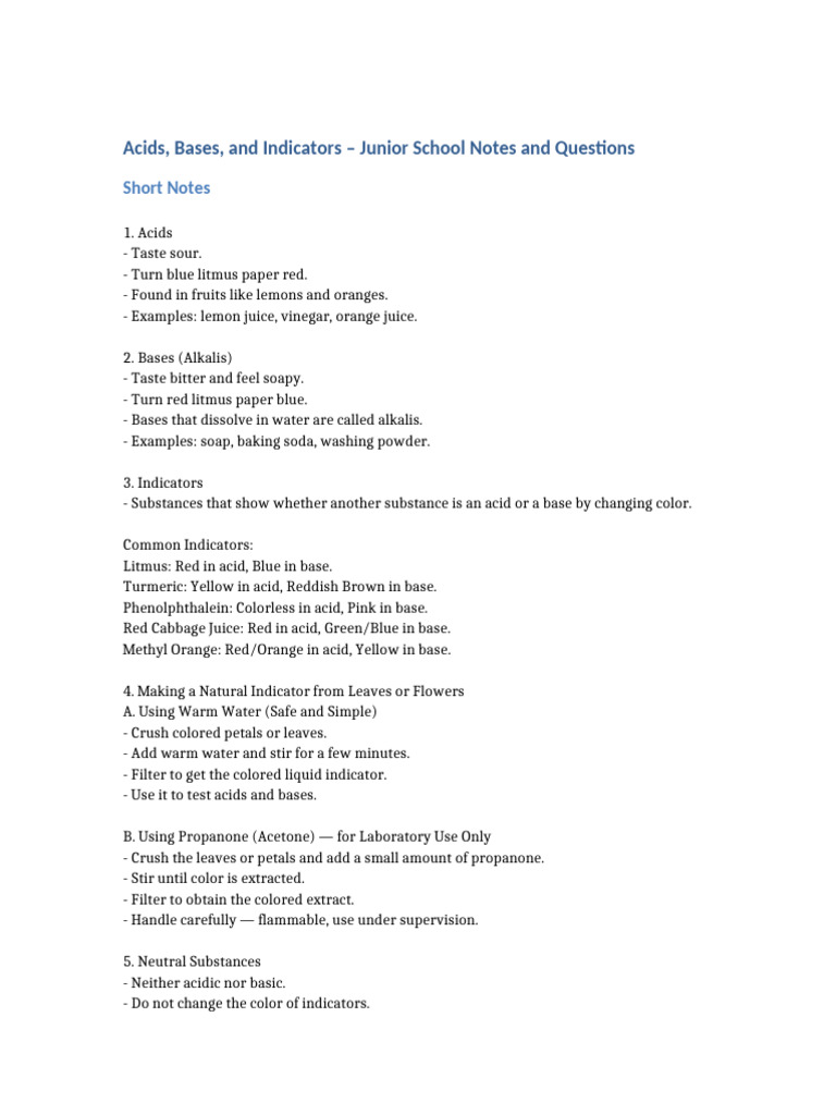 Acids Bases and Indicators Notes and Questions | PDF