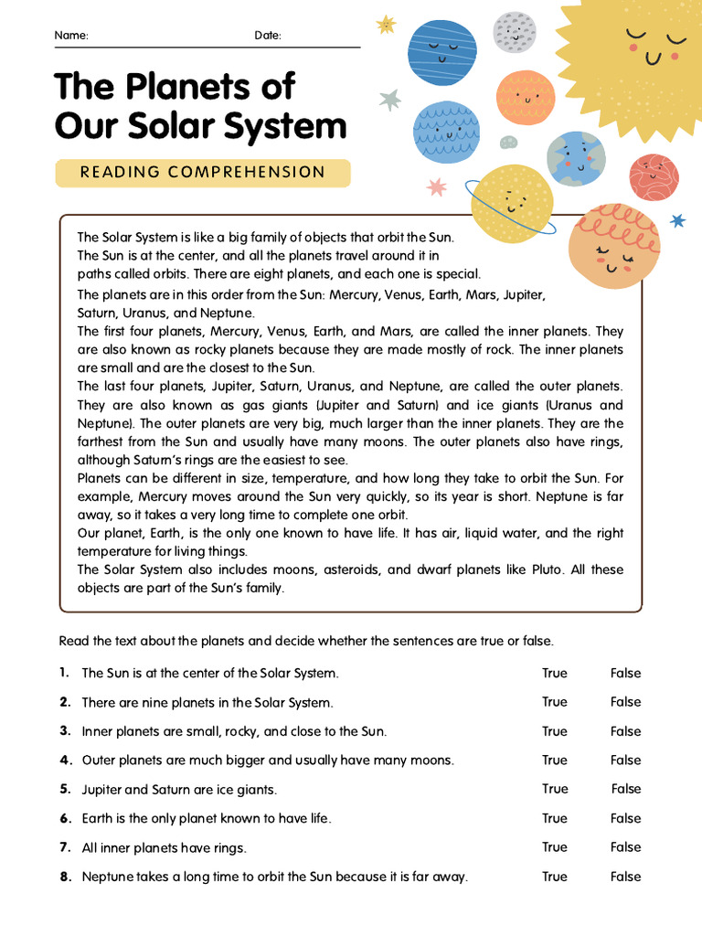 The Planets Reading Comprehension Activity Worksheet in Colorful Simple ...