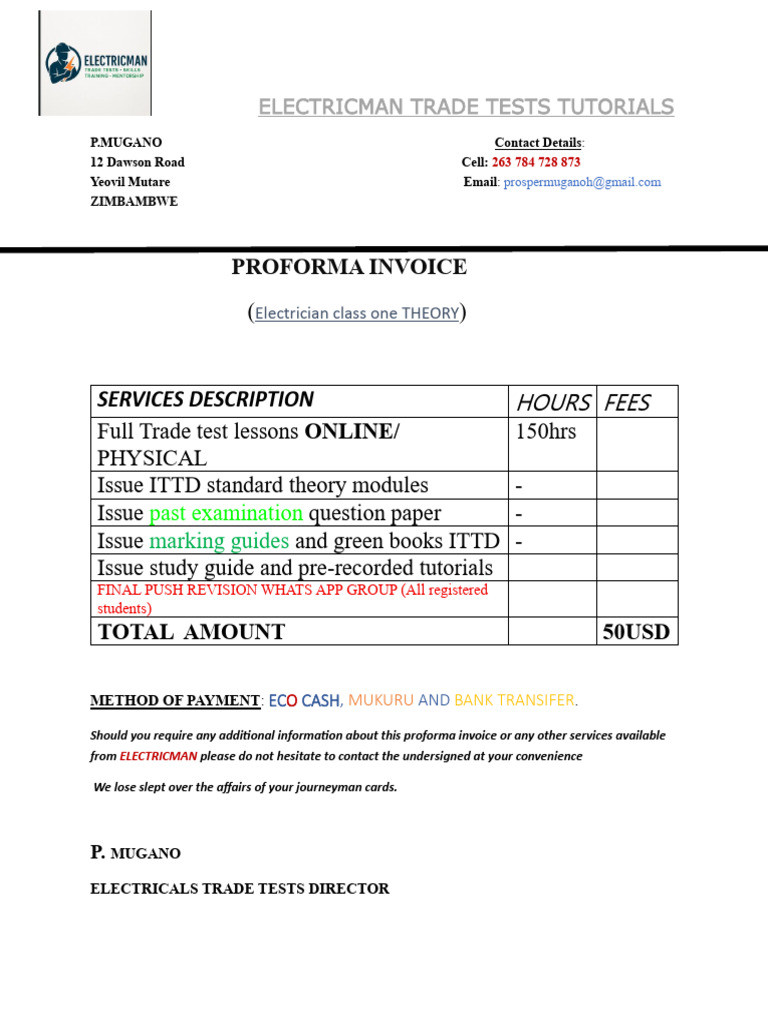 Electrician Trade Test Tutorials Invoice | PDF