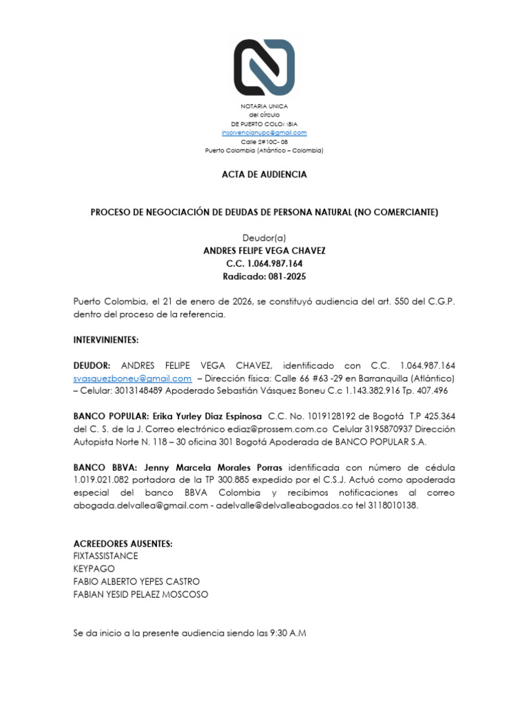 Acta Audiencia Andres Vega21:01:2026 | PDF