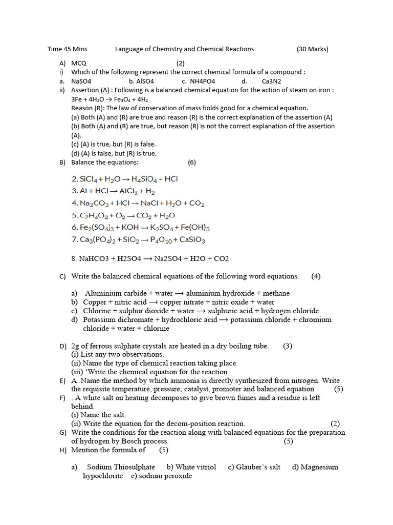 Language of Chemistry and Chemical Reactions Test Chemistry | PDF