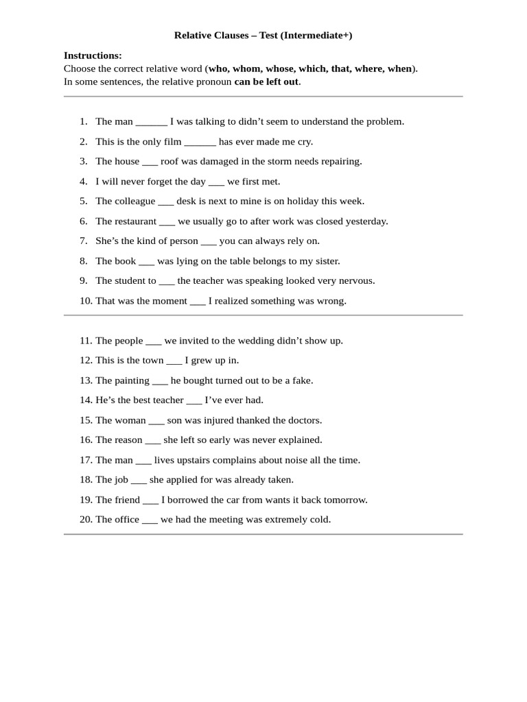 Relative Clauses Test for Intermediate+ | PDF