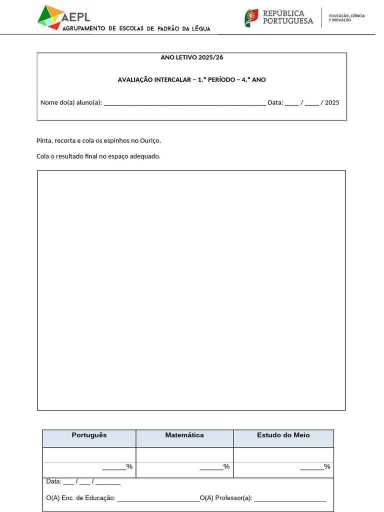 Avaliação Intercalar 4.º Ano 2025/26 | PDF