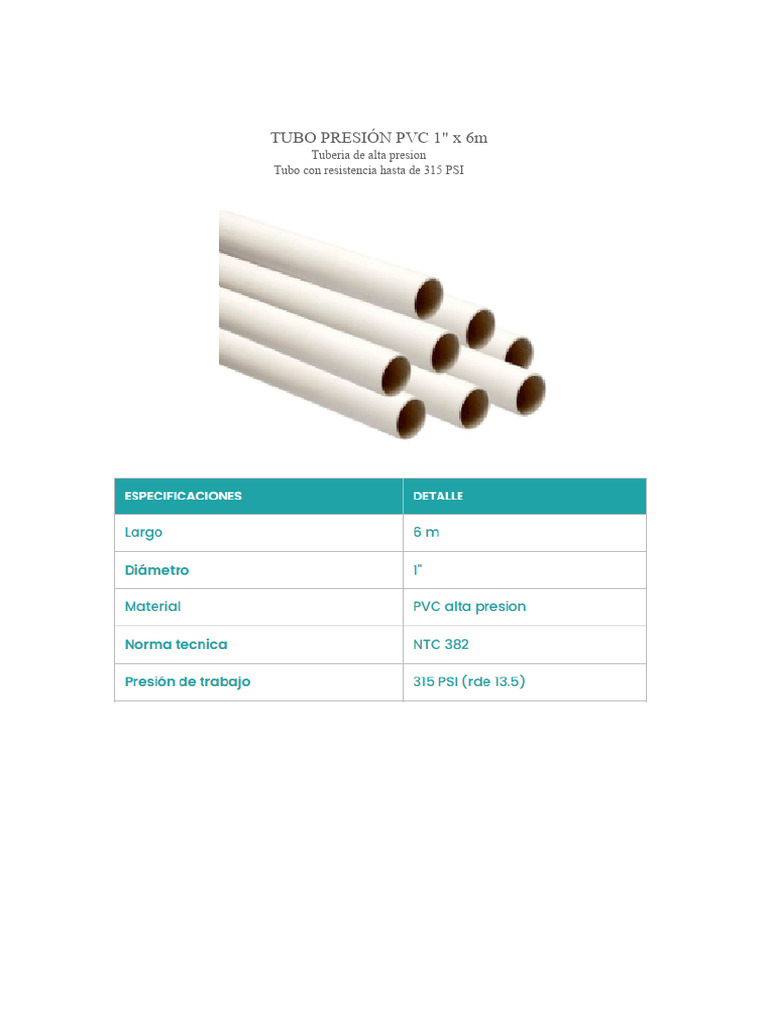 Mat 130 - Ft - Tubo Pvc Presión 1x6m | PDF