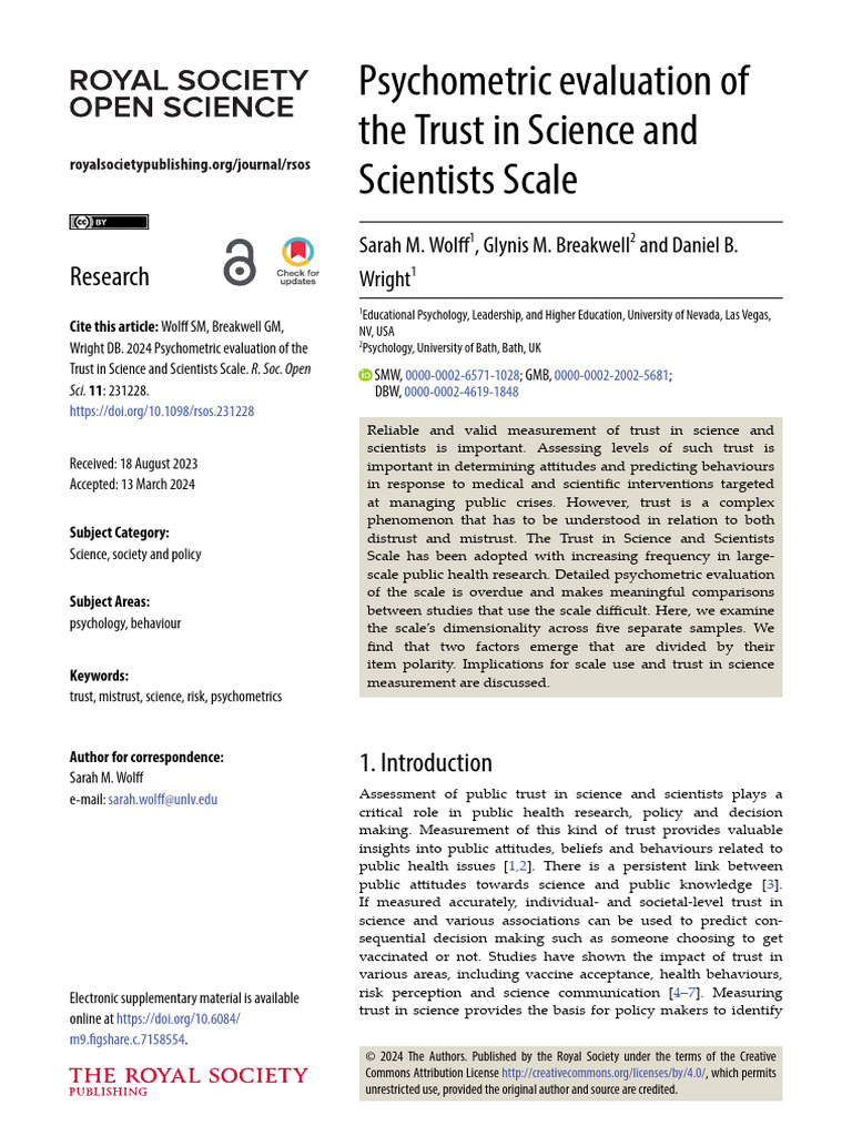 Trust in Science Scale Psychometrics | PDF | Psychometrics | Science