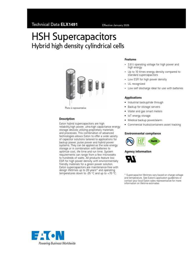 Eaton Hsh Supercapacitors Hybrid High Density Cells Data Sheet Elx1491 ...