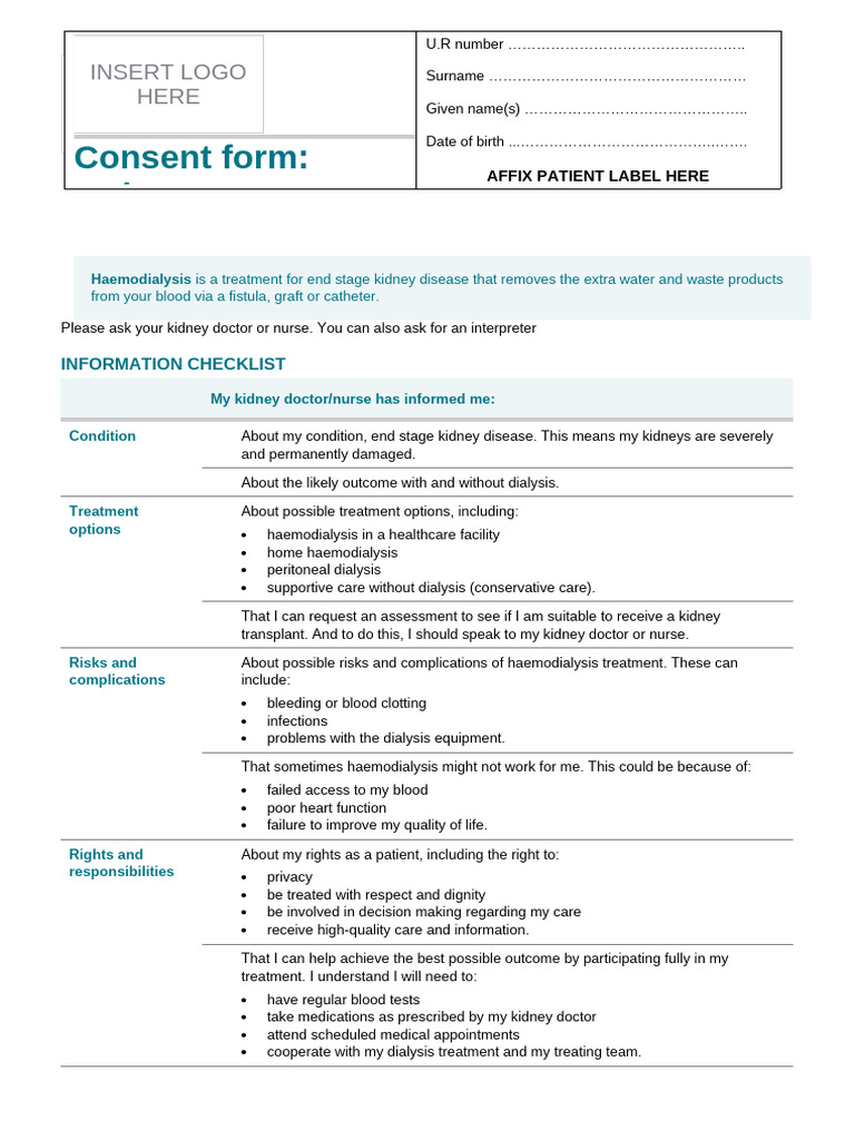 Consent form - Maintenance haemodialysis in a healthcare facility | PDF ...