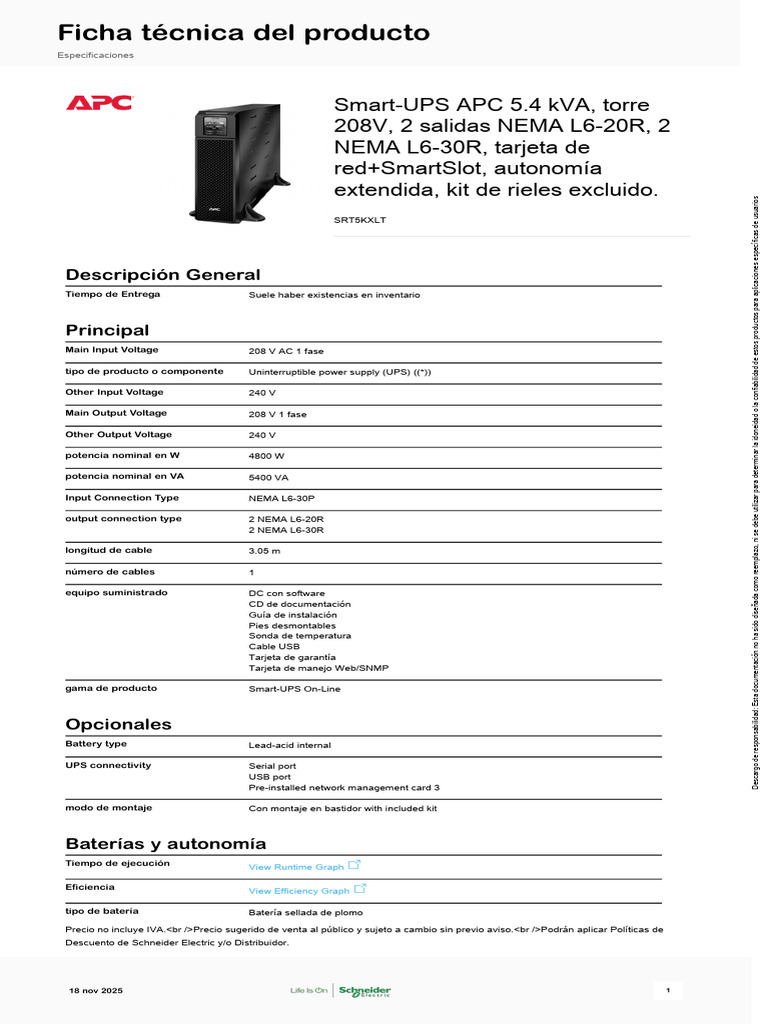 Schneider Electric APC No Break SmartUPS en Línea | PDF | Uso eficiente ...