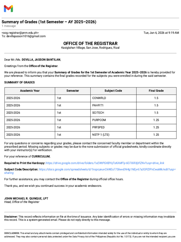 1st Semester Grades Summary 2025-2026 | PDF | Information Science | Privacy