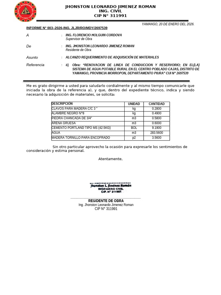 INFORME N° 003 REQUERIMIENTO DE MATERIALES | PDF